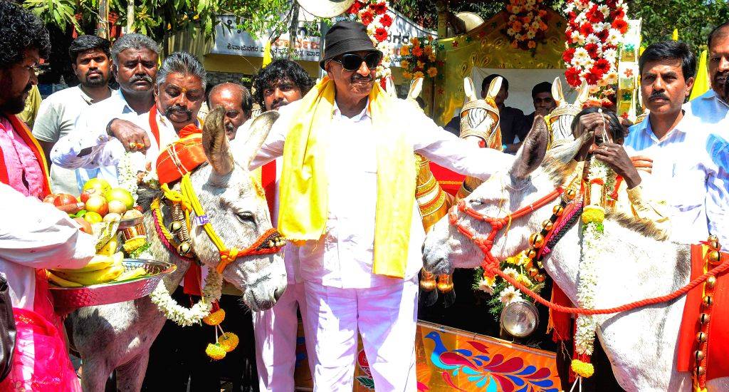 Members of Kannada Chaluvali Vatal Paksha conduct a symbolic donkey ...