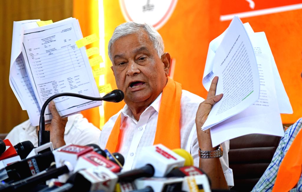 : Jaipur: BJP) Rajya Sabha MP Kirodi Lal Meena addresses a press Conference