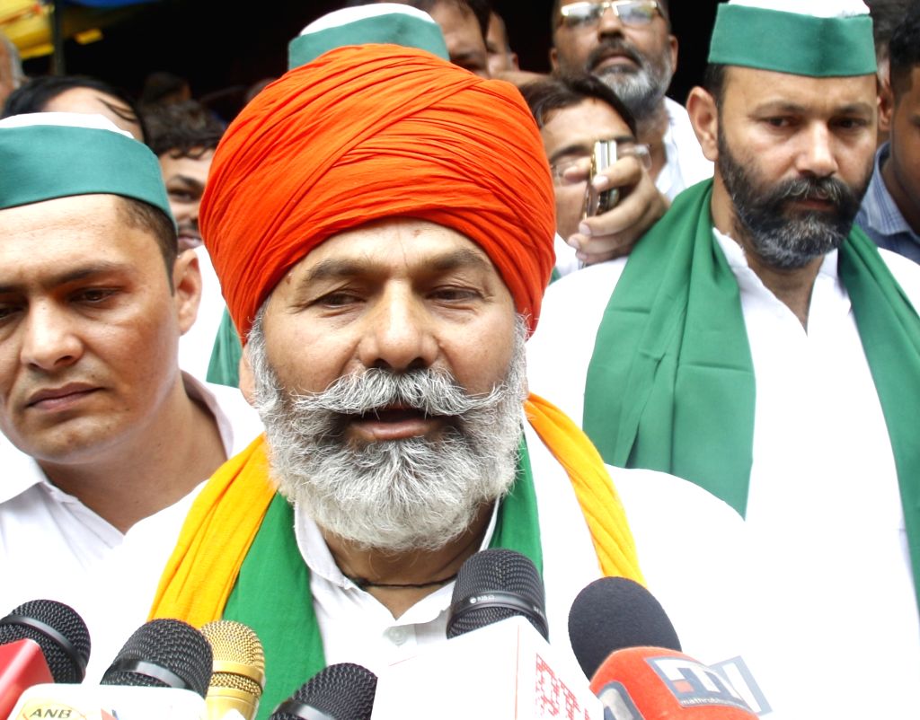 Bharatiya Kisan Union (BKU) leader Rakesh Tikait addresses the media ...