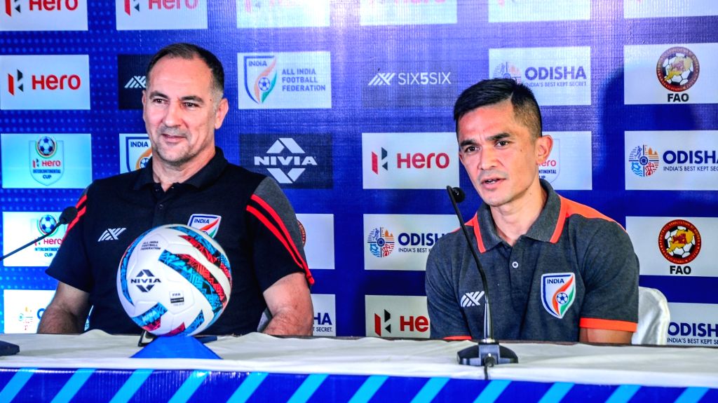 Bhubaneswar : India's football team captain, Sunil Chhetri and Coach ...