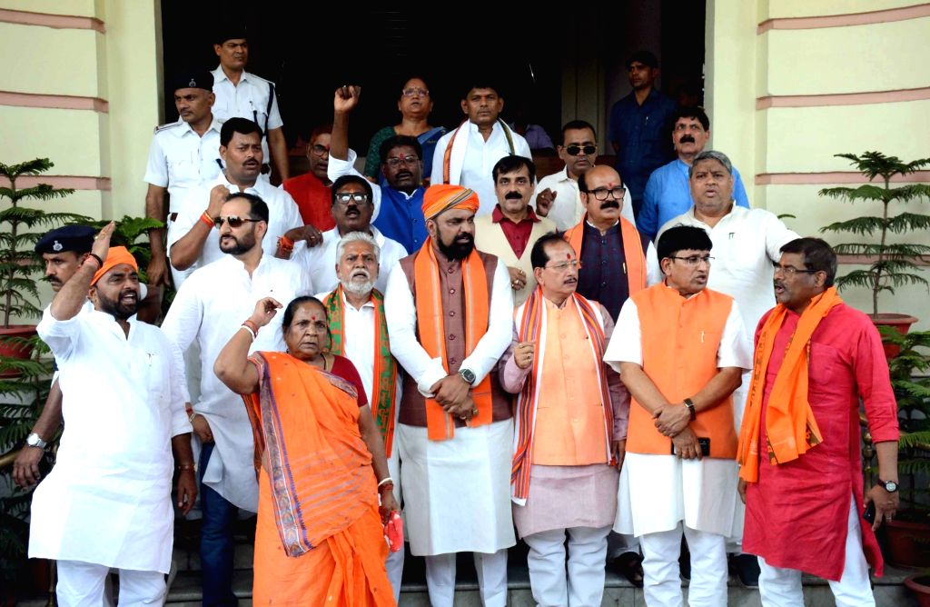 Bihar BJP President Samrat Chaudhary with LoP Vijay Kumar Sinha and ...