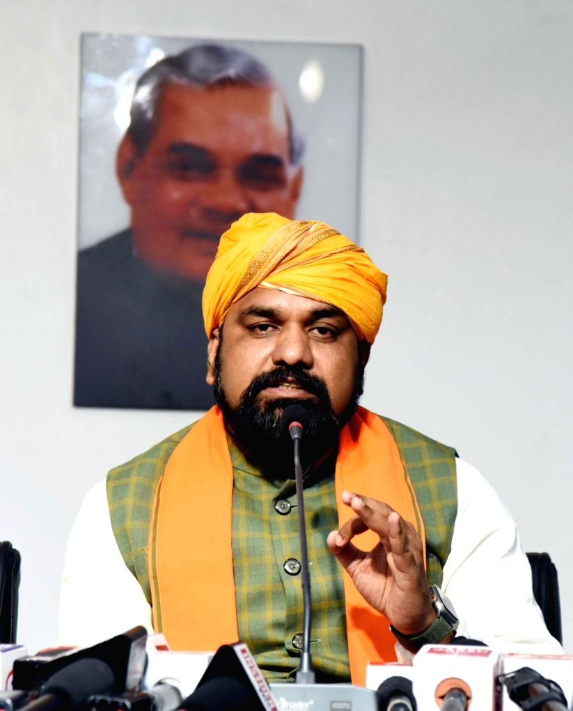 Bihar BJP President Samrat Choudhary addresses a the media