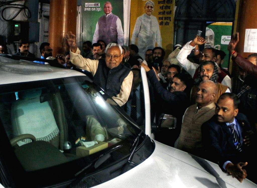 Bihar Chief Minister Nitish Kumar arrives at the party office to attend ...