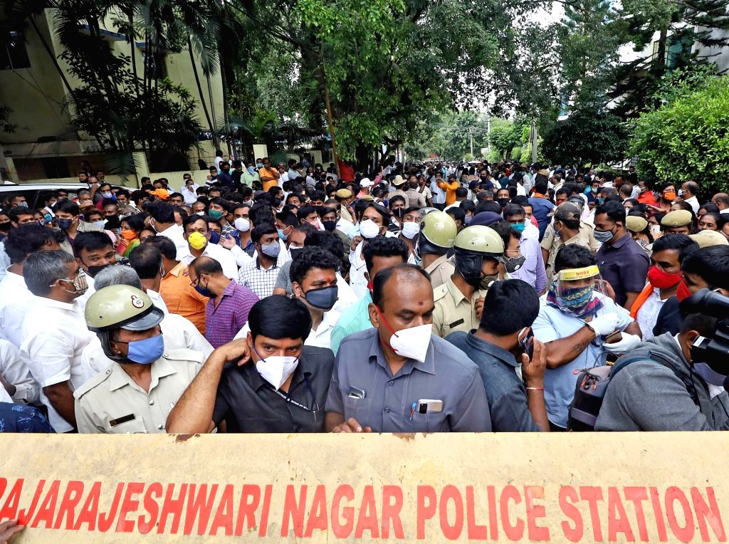 Party workers gather at RR Nagar during filing of nominations for Raja ...