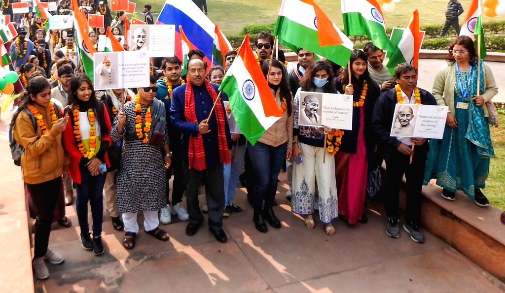 New Delhi : Students from G-20 countries take part in a peace march ...