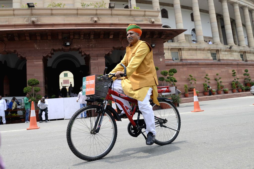 Bikaner MP rides a cycle in Parliament