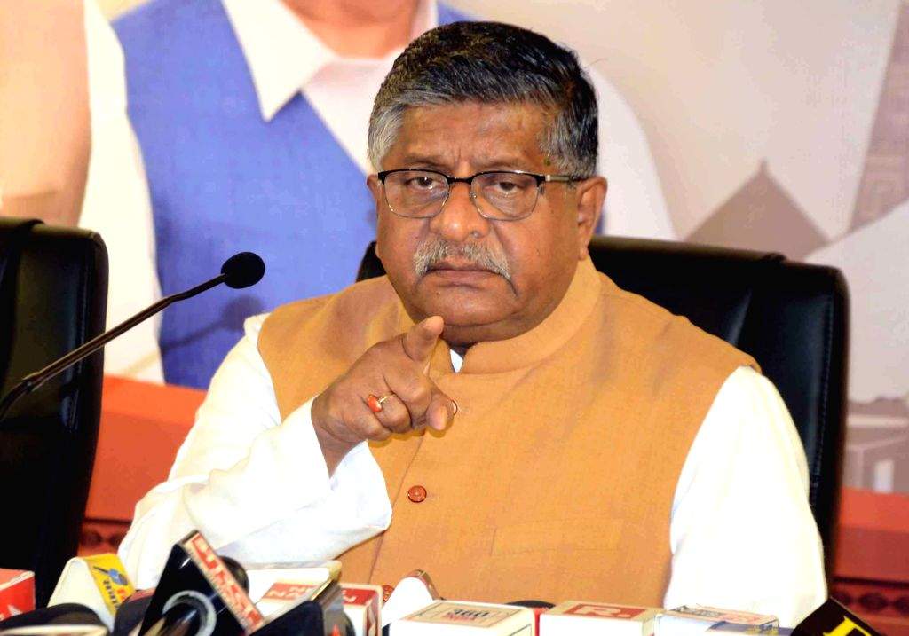 BJP MP Ravi Shankar Prasad addresses a press conference at party office ...