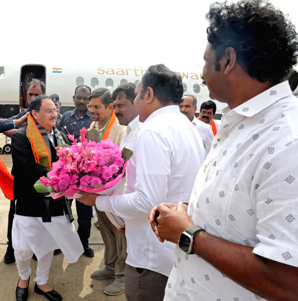 BJP National President JP Nadda being welcomed by party workers upon ...