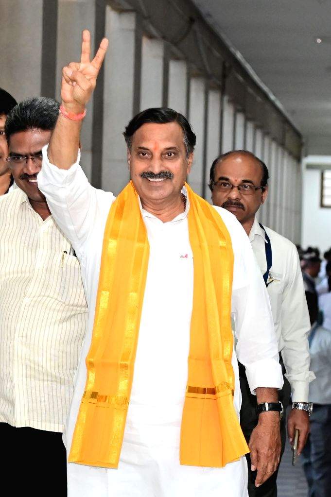 BJP Rajya Sabha Candidate Narayana Sa Banda celebrates after the results