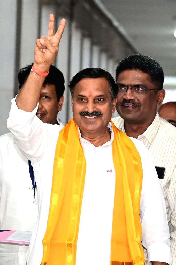 BJP Rajya Sabha Candidate Narayana Sa Banda celebrates after the results