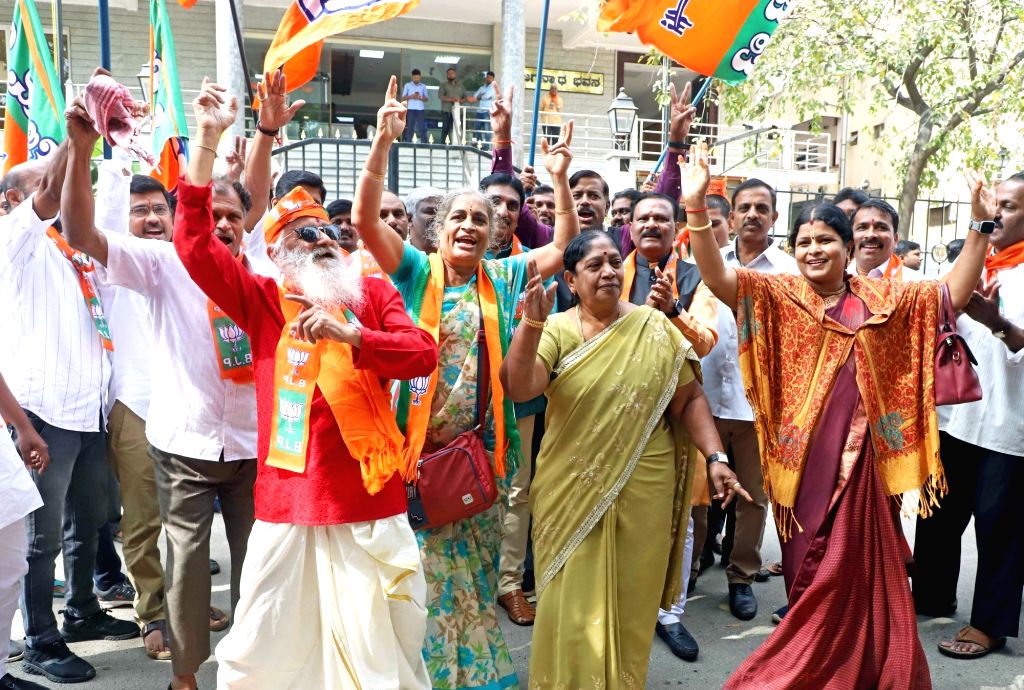 BJP workers celebrate party' victory in the Gujarat Assembly elections