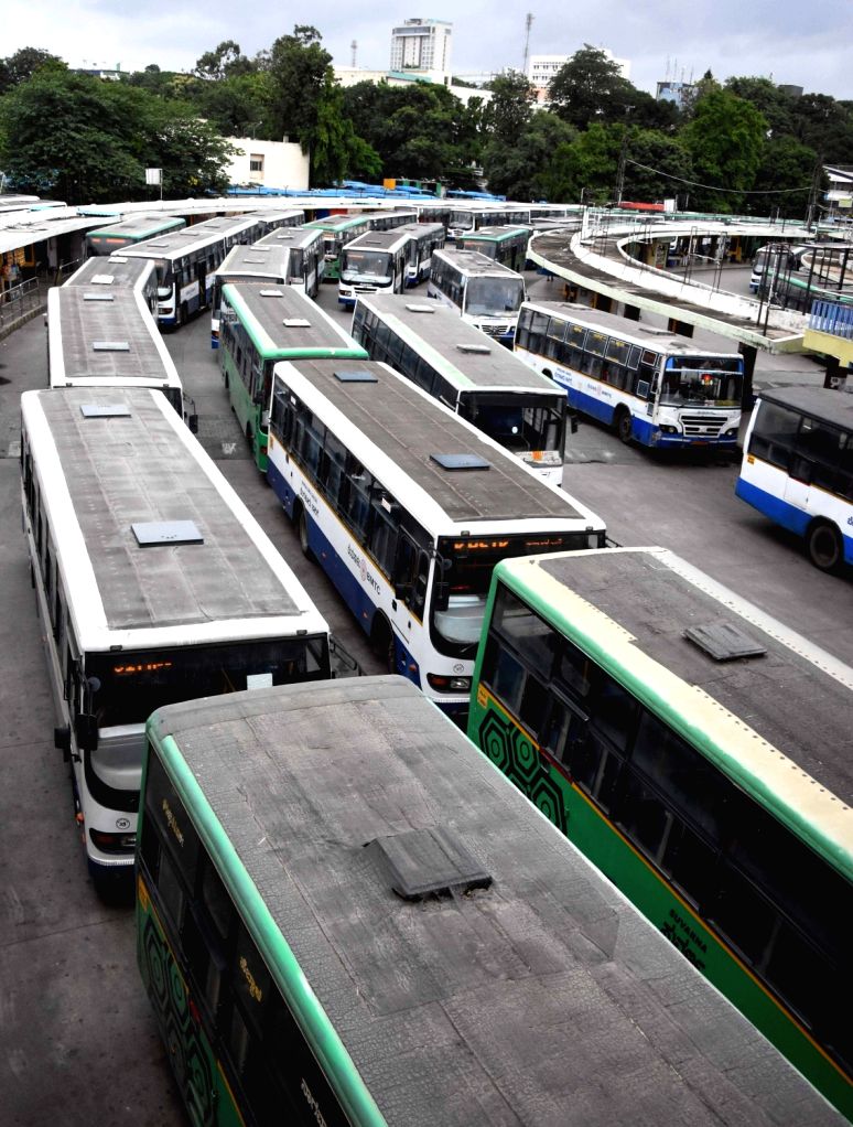 BMTC Buses parked at BMTC Bus stand at Majestic during weekend curfew ...
