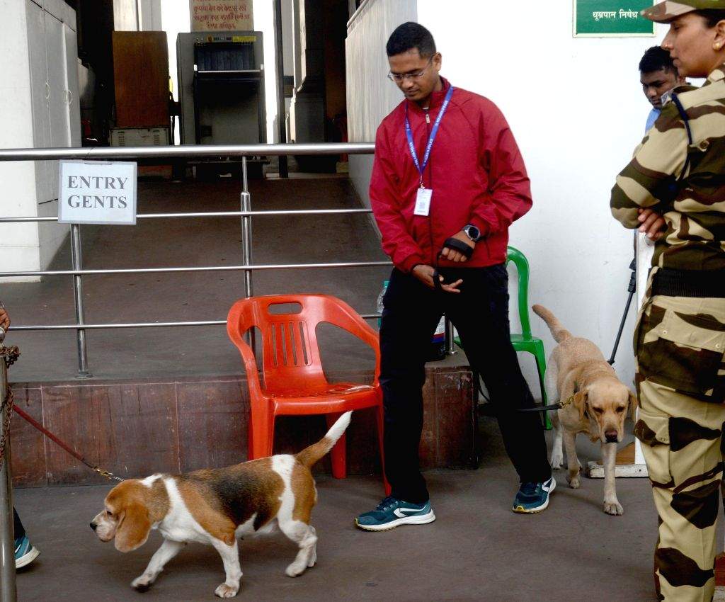 Bomb disposal squad personnel with sniffer dogs conduct a search at the ...