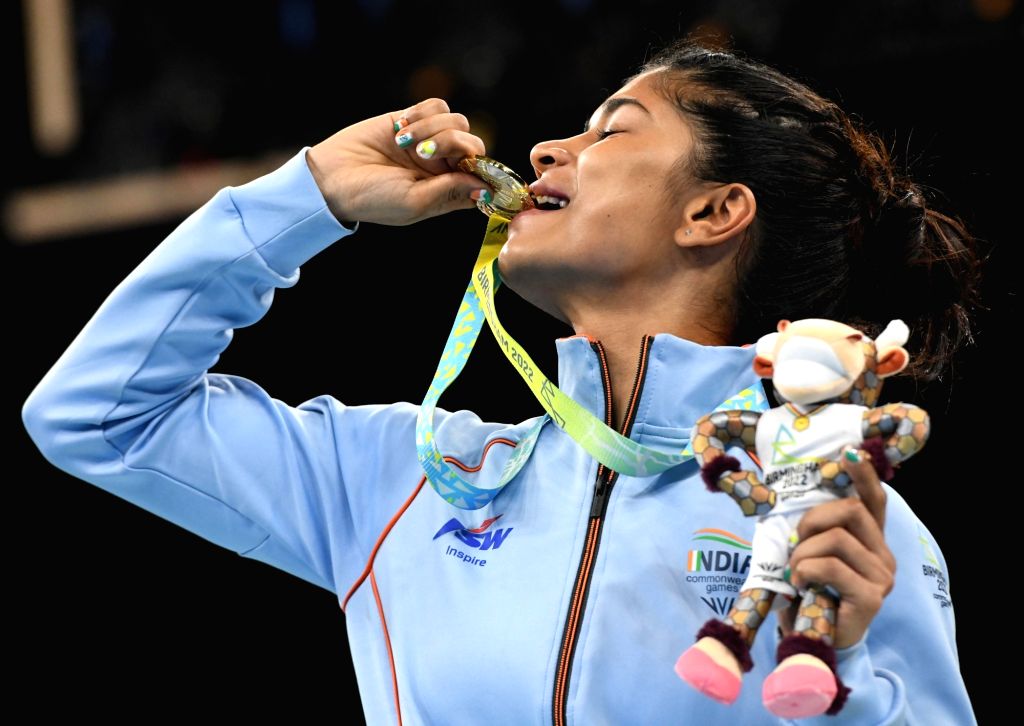 Boxer Nikhat Zareen pose with the gold medal after winning the final of ...