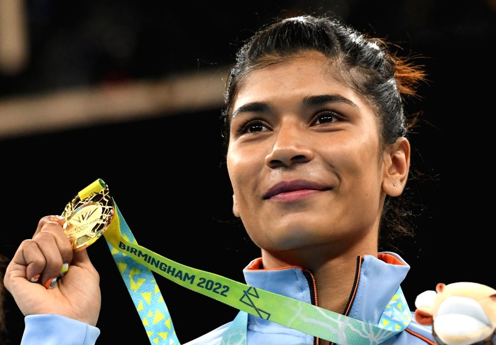 Boxer Nikhat Zareen pose with the gold medal after winning the final of ...