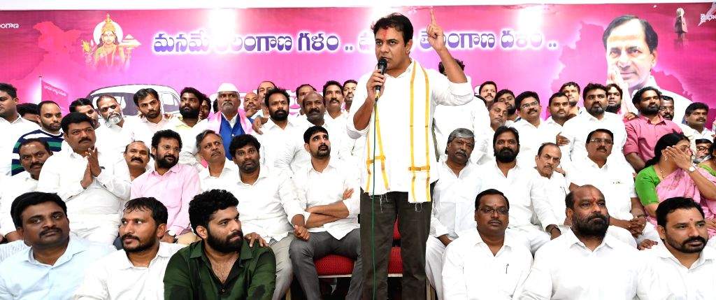 BRS Working President K.T. Rama Rao arrives at Telangana Bhavan after ...