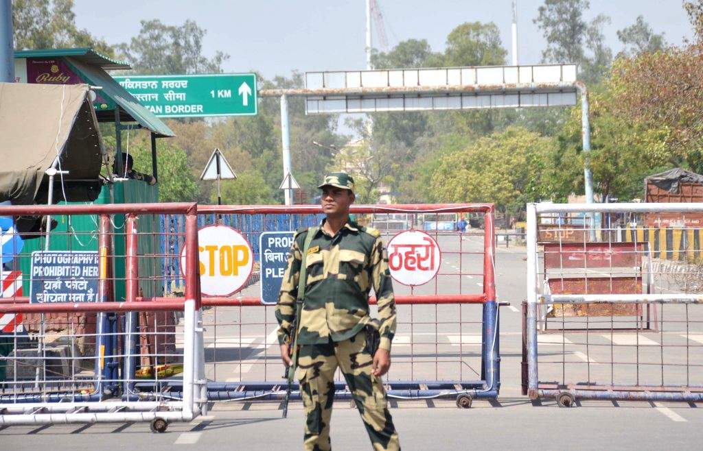 BSF soldiers stand guard at Wagah border