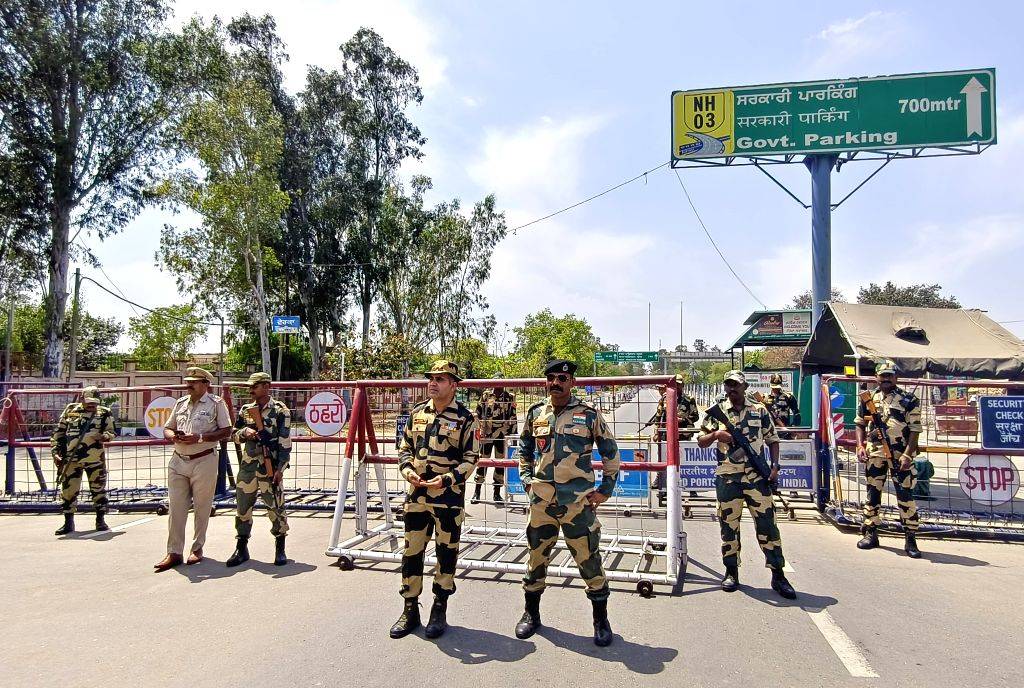 BSF soldiers stand guard at Wagah border