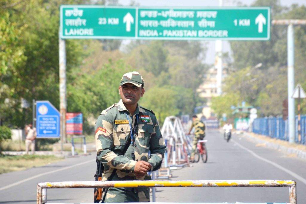 BSF soldiers stand guard at Wagah border