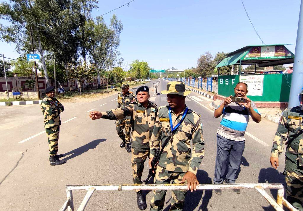 BSF soldiers stand guard at Wagah border