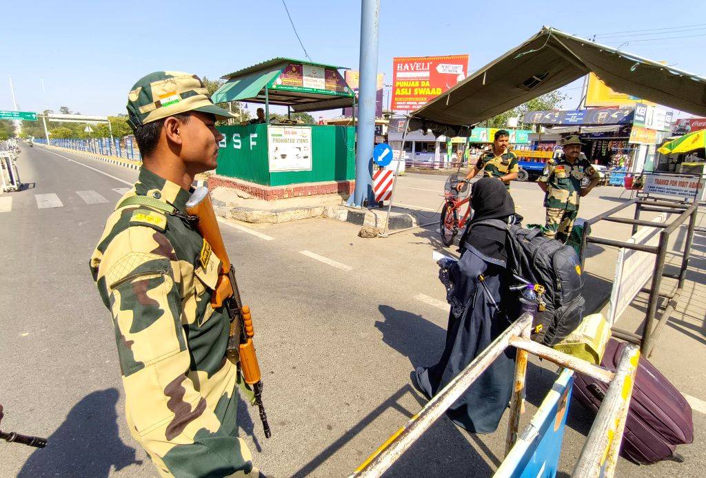 BSF soldiers stand guard at Wagah border