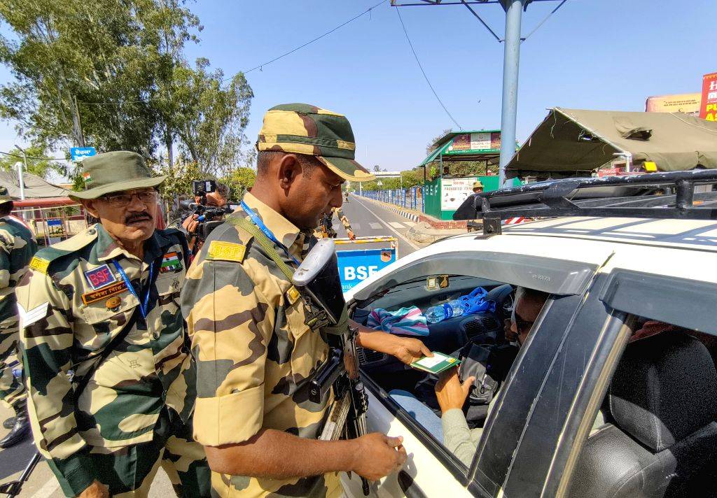BSF soldiers stand guard at Wagah border