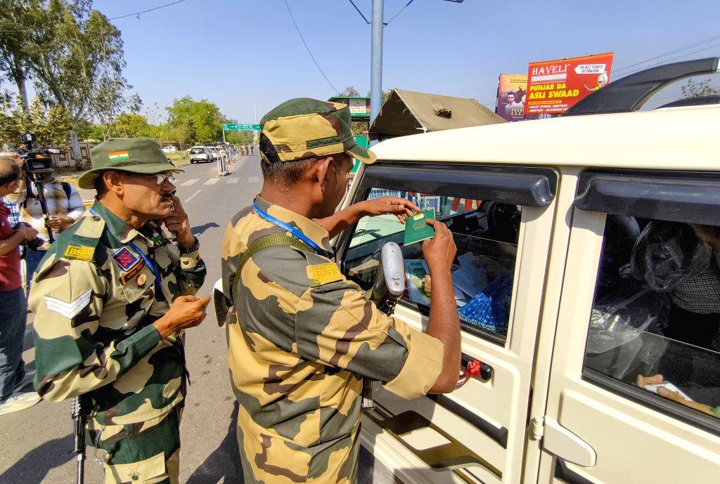 BSF soldiers stand guard at Wagah border