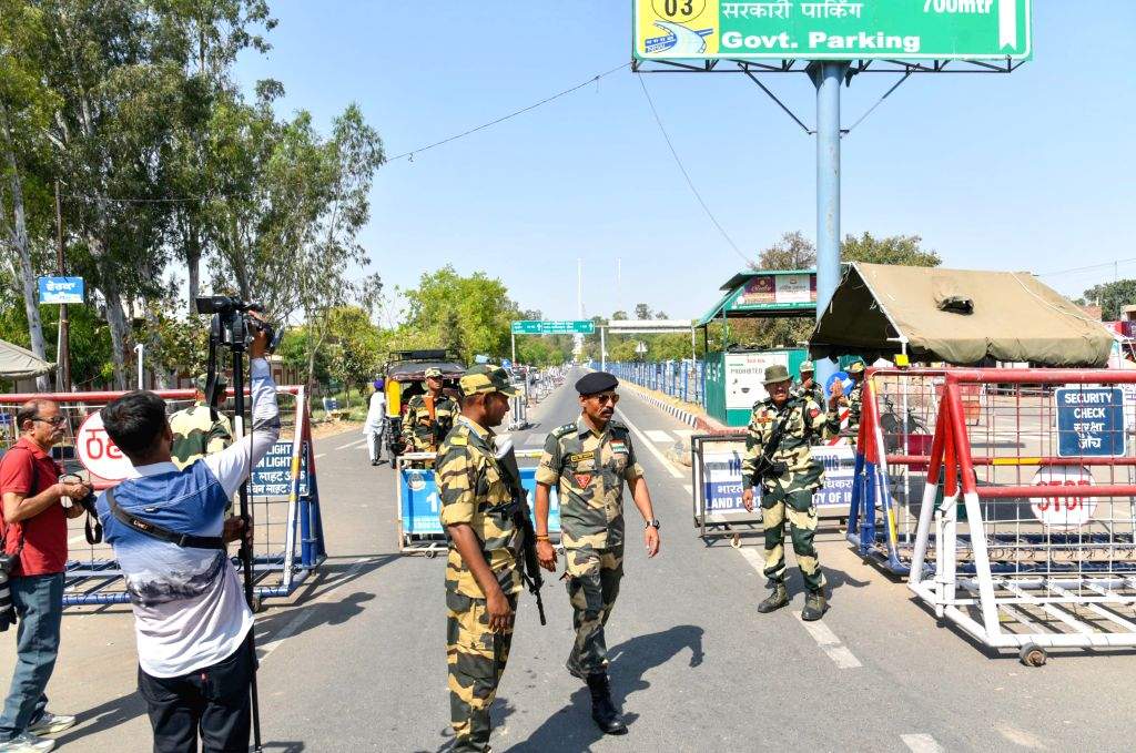 BSF soldiers stand guard at Wagah border
