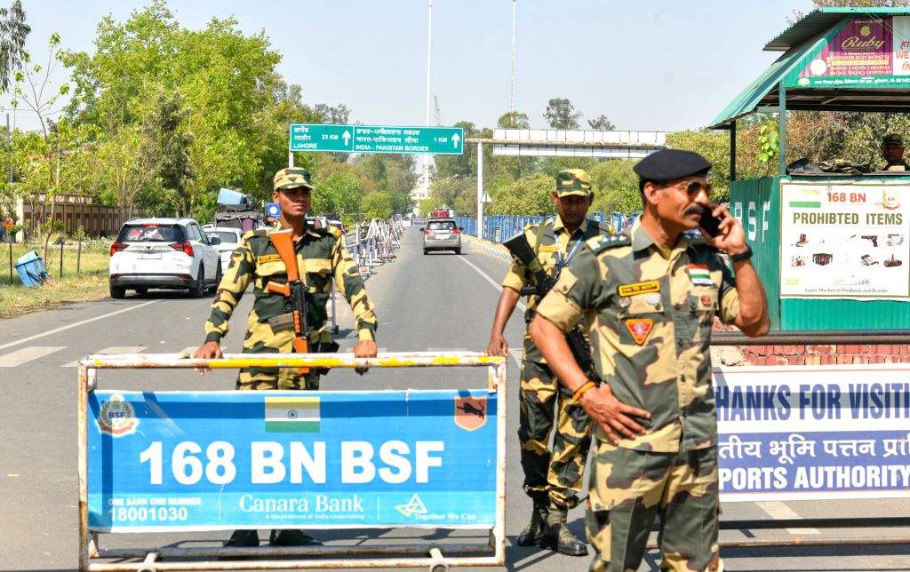BSF soldiers stand guard at Wagah border