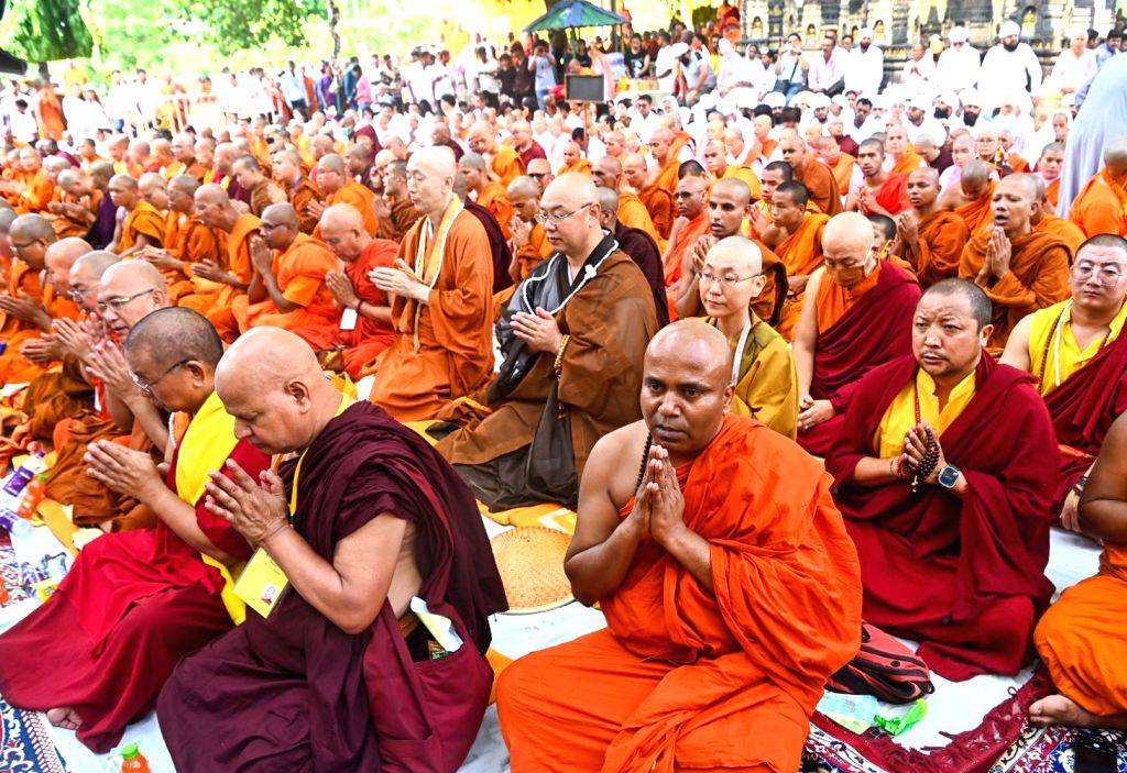 Buddhist monks offer prayers during Buddha Purnima celebrations
