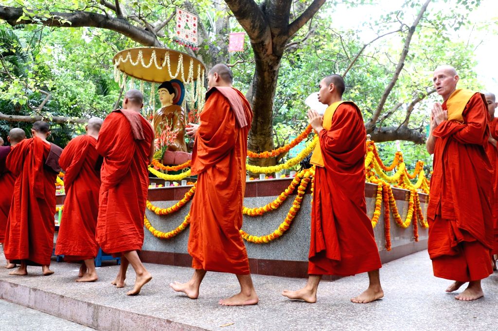 Buddhist monks offer prayers on the occasion of Buddha Purnima
