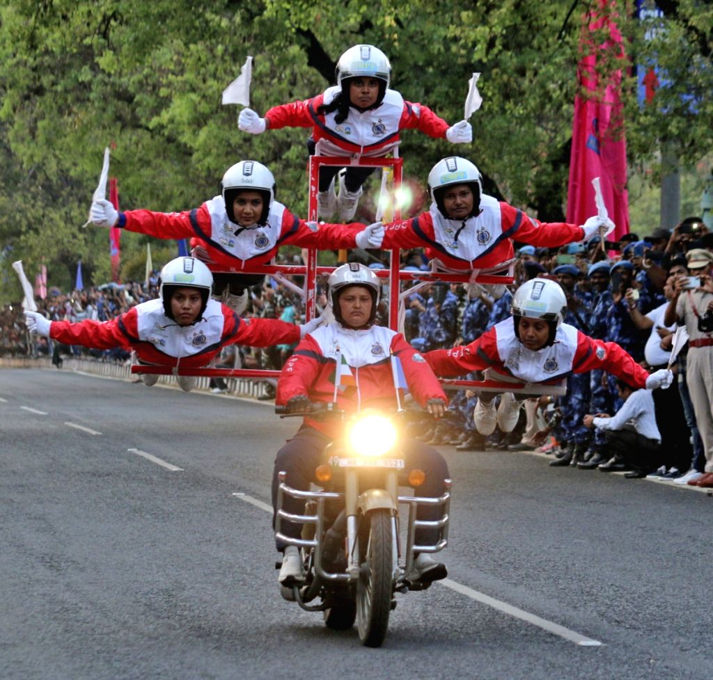: Bhopal : CRPF women perform in a daredevil show during women bikers rally