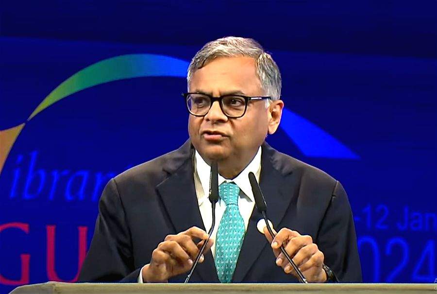 Chairperson of Air India N Chandrasekaran speaks during the Vibrant ...