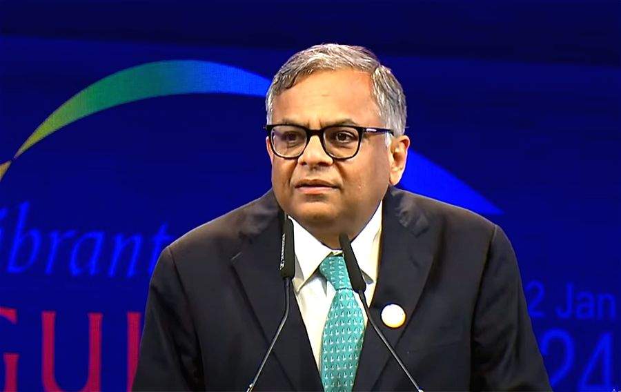 Chairperson of Air India N Chandrasekaran speaks during the Vibrant ...