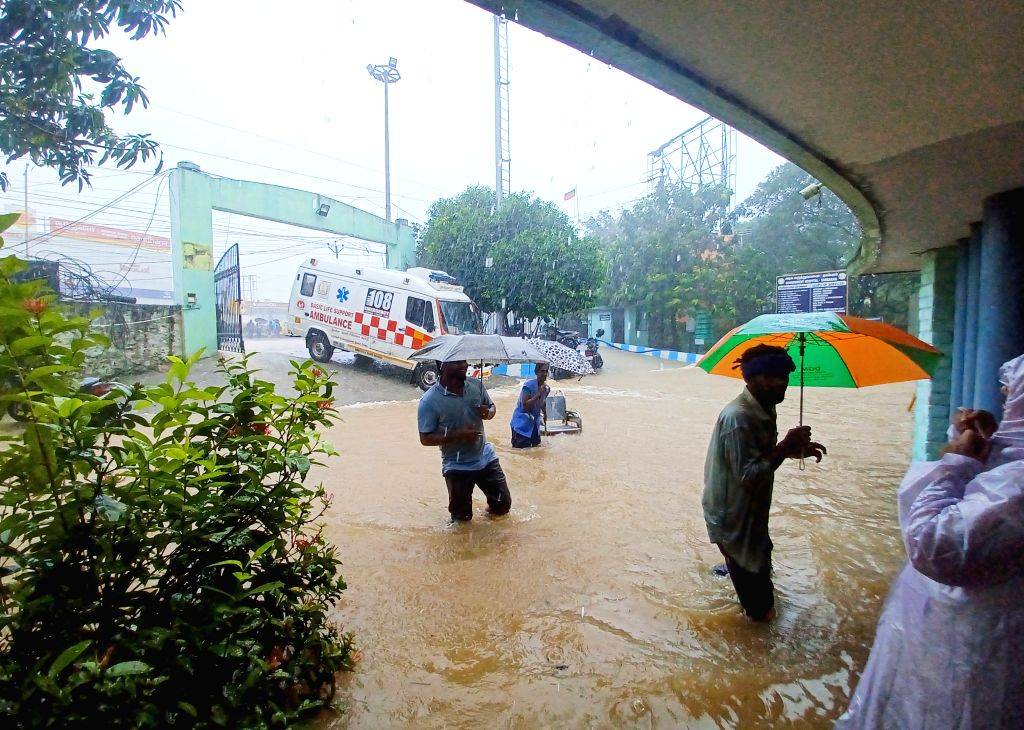 A waterlogged area during heavy rain owing to Cyclone Michaung