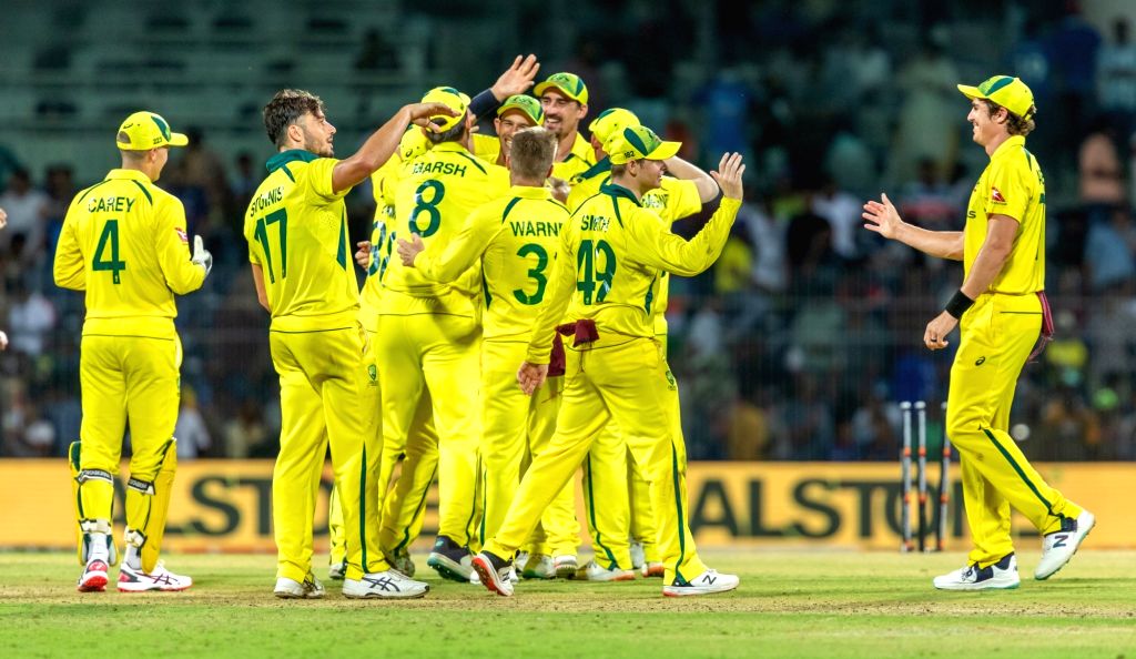 Australian players celebrate after their win in the third ODI Match