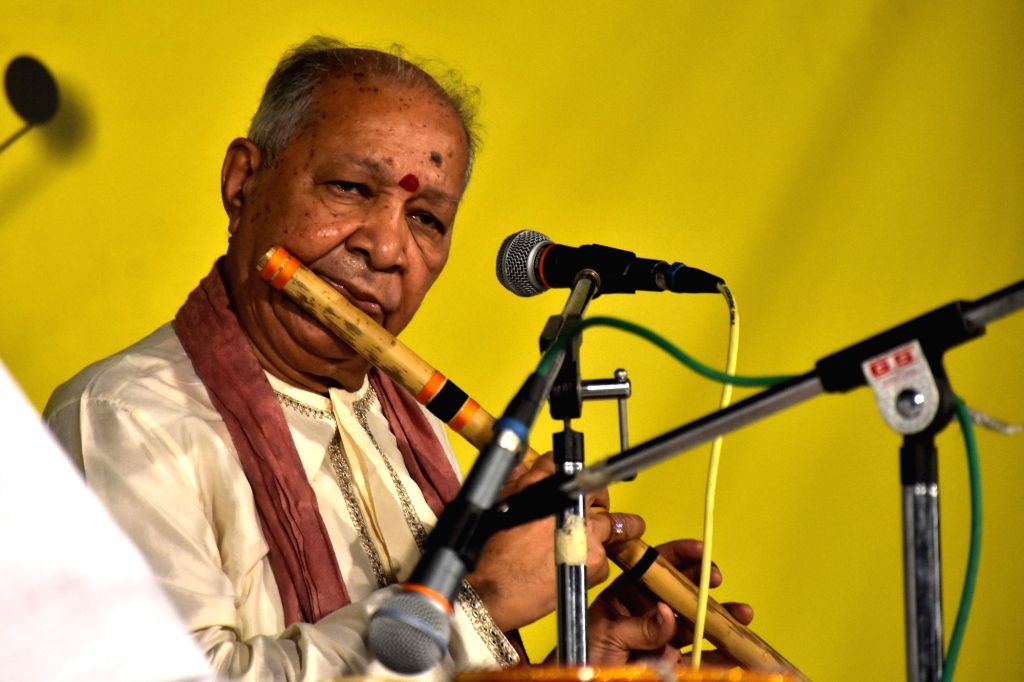Pandit Hariprasad Chaurasia performs during a programme