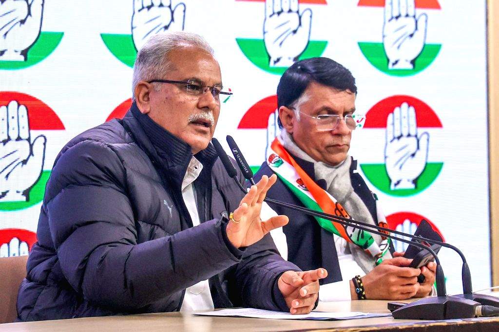 Congress leader Bhupesh Baghel addresses a press conference