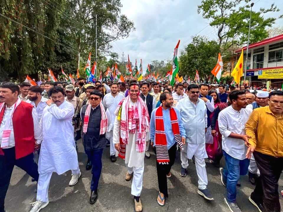 Congress leader Gaurav Gogoi acknowledges supporters during a ...