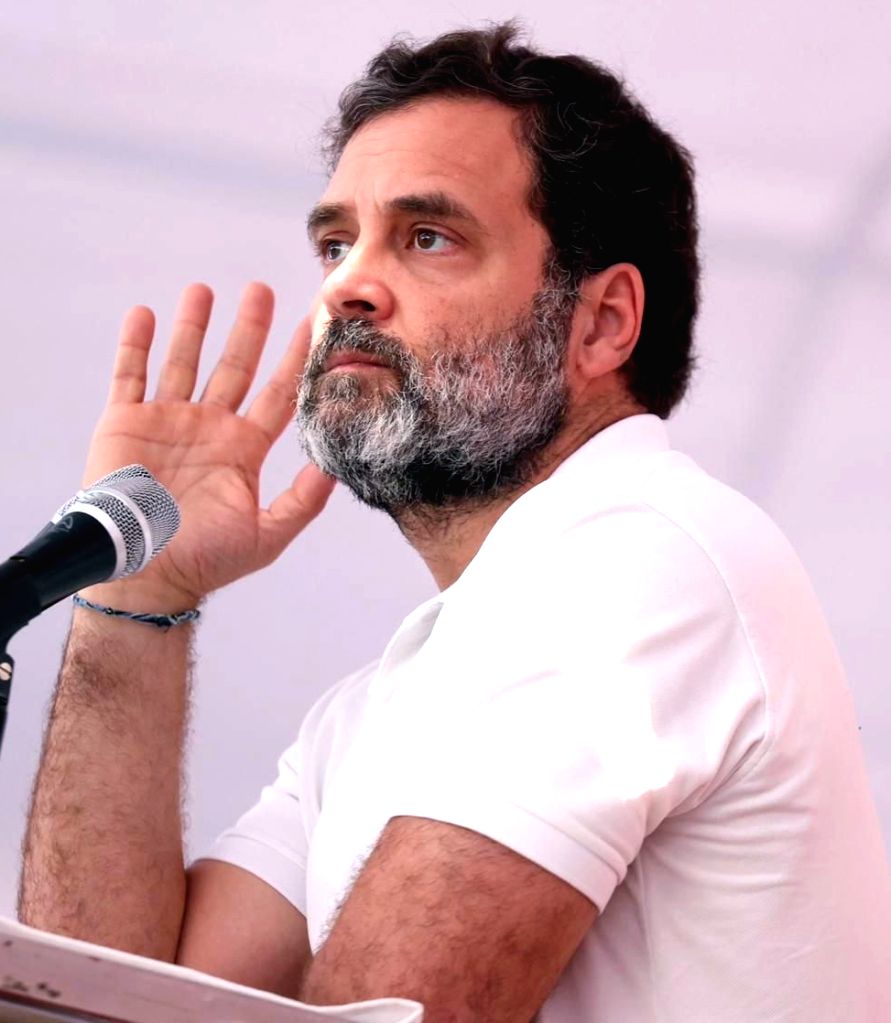 Congress leader Rahul Gandhi addresses a public event
