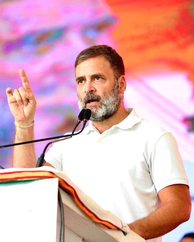 Congress leader Rahul Gandhi addresses during a public meeting amid ...