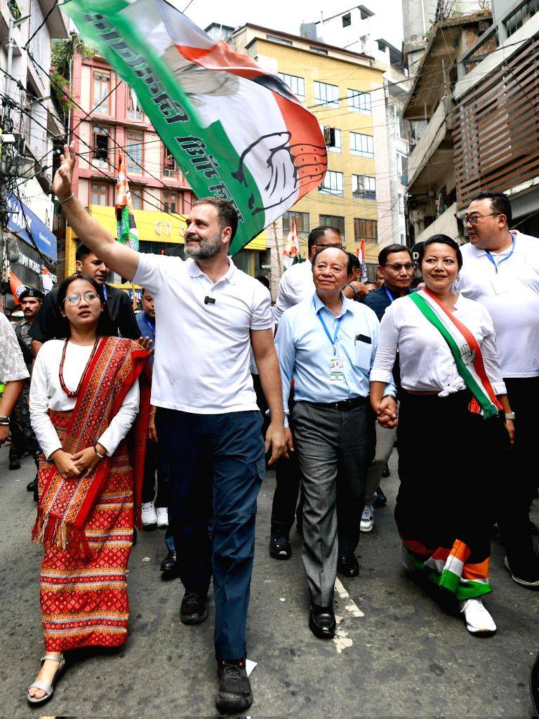 Congress leader Rahul Gandhi during a public rally from Chanmari to ...