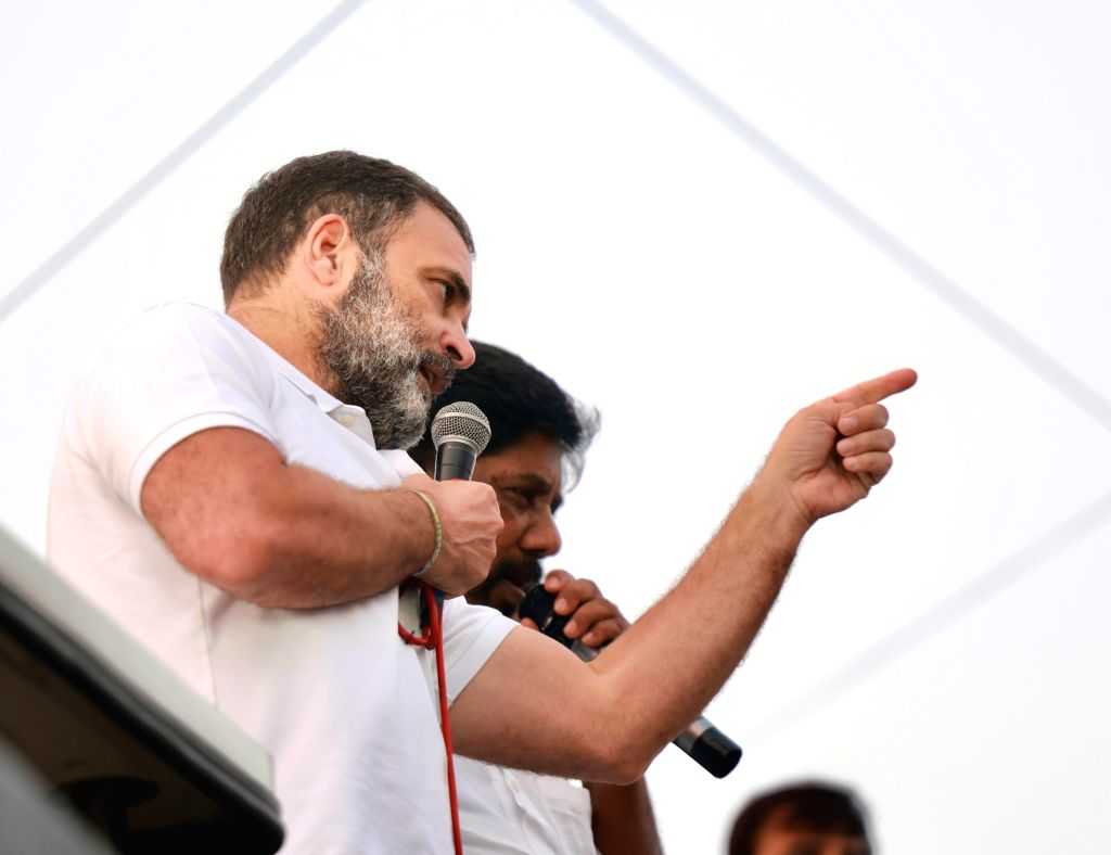 Congress leader Rahul Gandhi during a public meeting
