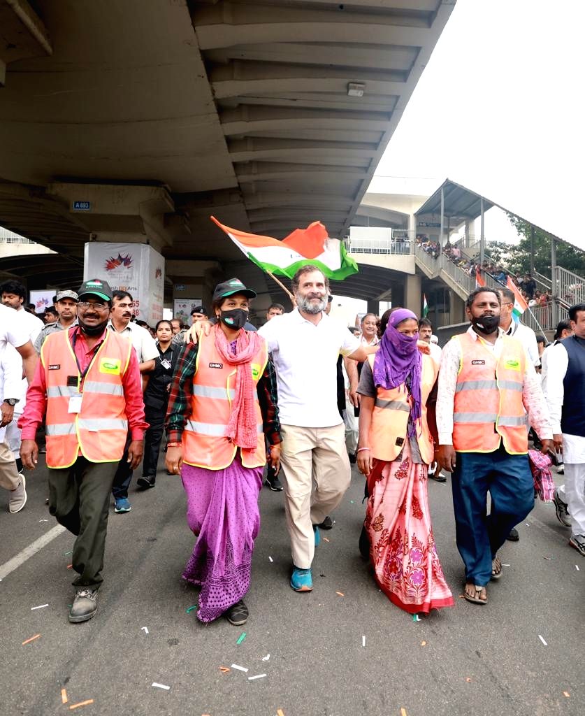 Congress leader Rahul Gandhi meets GHMC staff during Bharat Jodo Yatra