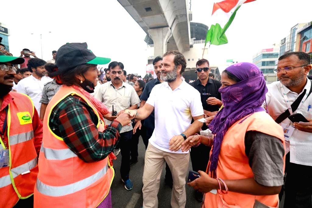 Congress leader Rahul Gandhi meets GHMC staff during Bharat Jodo Yatra