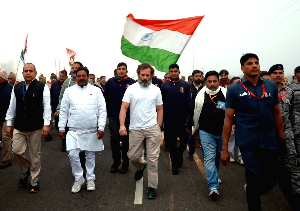 Congress leader Rahul Gandhi with party workers and supporters during ...