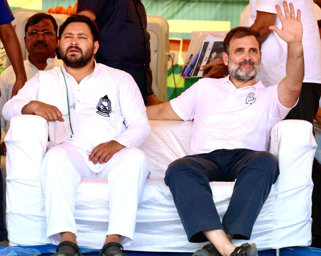 Congress leader Rahul Gandhi with RJD leader Misa Bharti during a rally ...