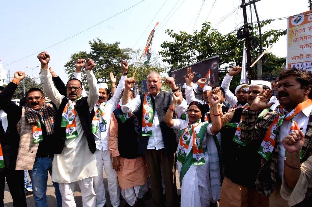 Congress leader Shakeel Ahmed Khan with party workers during a protest ...