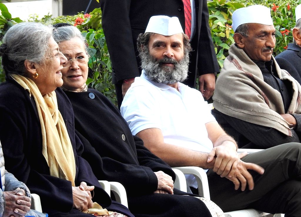 Congress leaders Sonia Gandhi, Rahul Gandhi and Ambika Soni during the ...