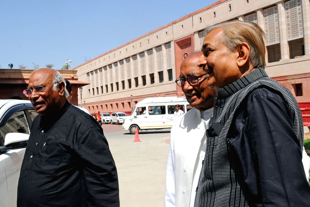 Congress MPs Mallikarjun Kharge, Pramod Tiwari and Digvijay Singh at ...